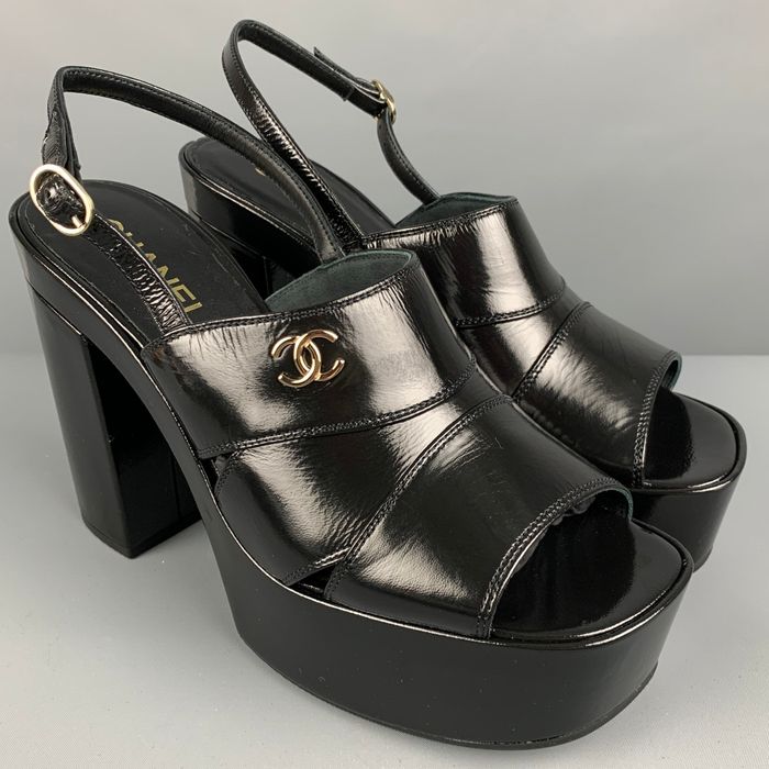 Chanel Black Patent Leather Platform Sandals | Grailed