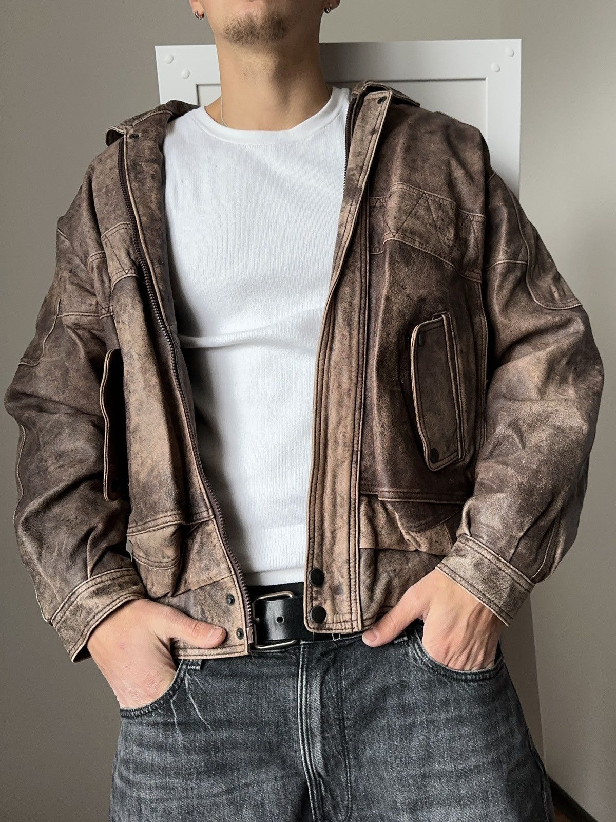 Vintage Washed Brown Retro 90s Leather Bomber Punk Rock Jacket | Grailed