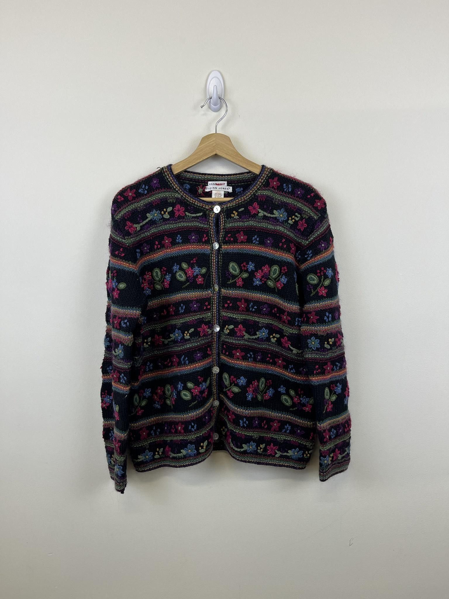 Vintage Jillian Jones Cable Knit Flowers and Stripes Pattern Cardigan ...