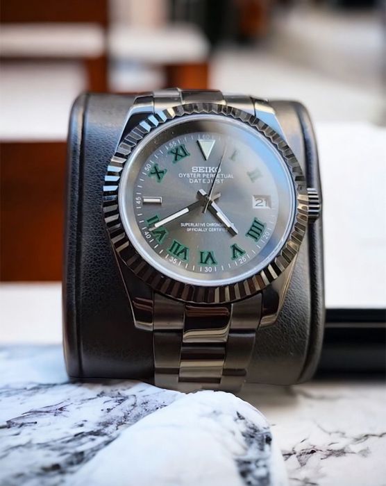Seiko Seiko Mod Datejust Wimbledon Dial Black 39mm Steel Watch | Grailed