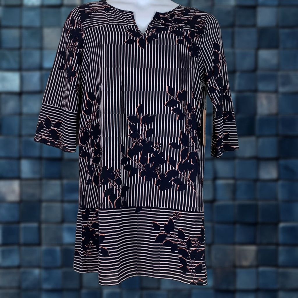 Vintage Andree By Unit Large Shift Dress Slit V Neck Striped Floral ...
