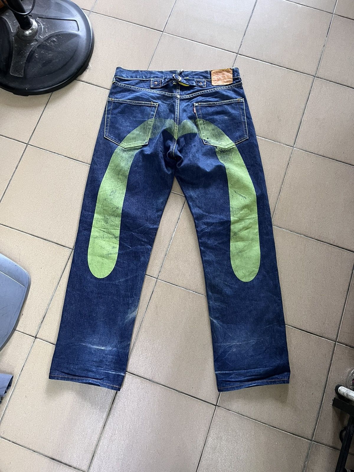 Evisu × Vintage Vtg RARE Evisu green Daicock denim buckle back pants ...