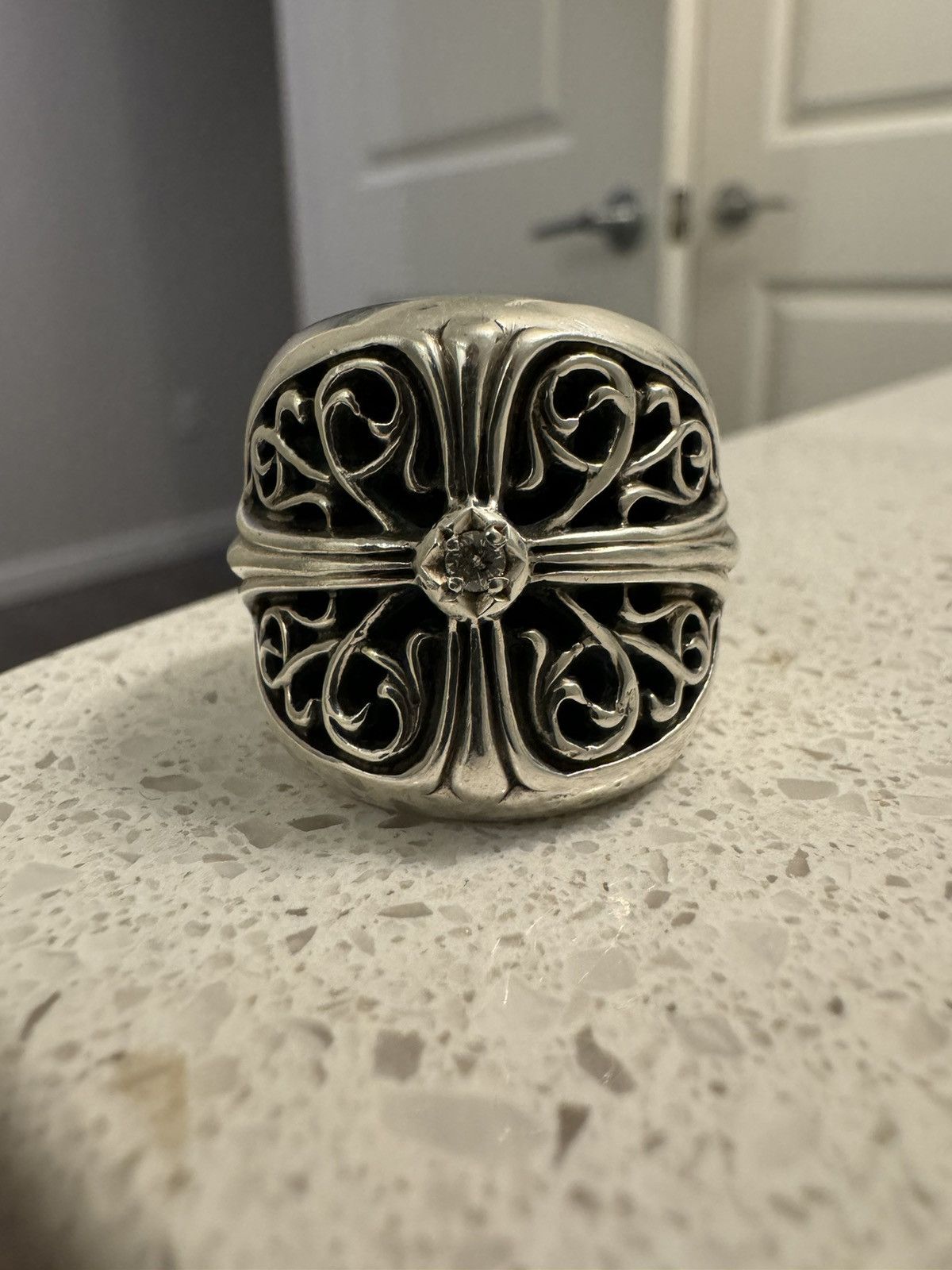 Chrome Hearts Chrome Hearts Silver Classic Oval Cross Ring with Diamond ...