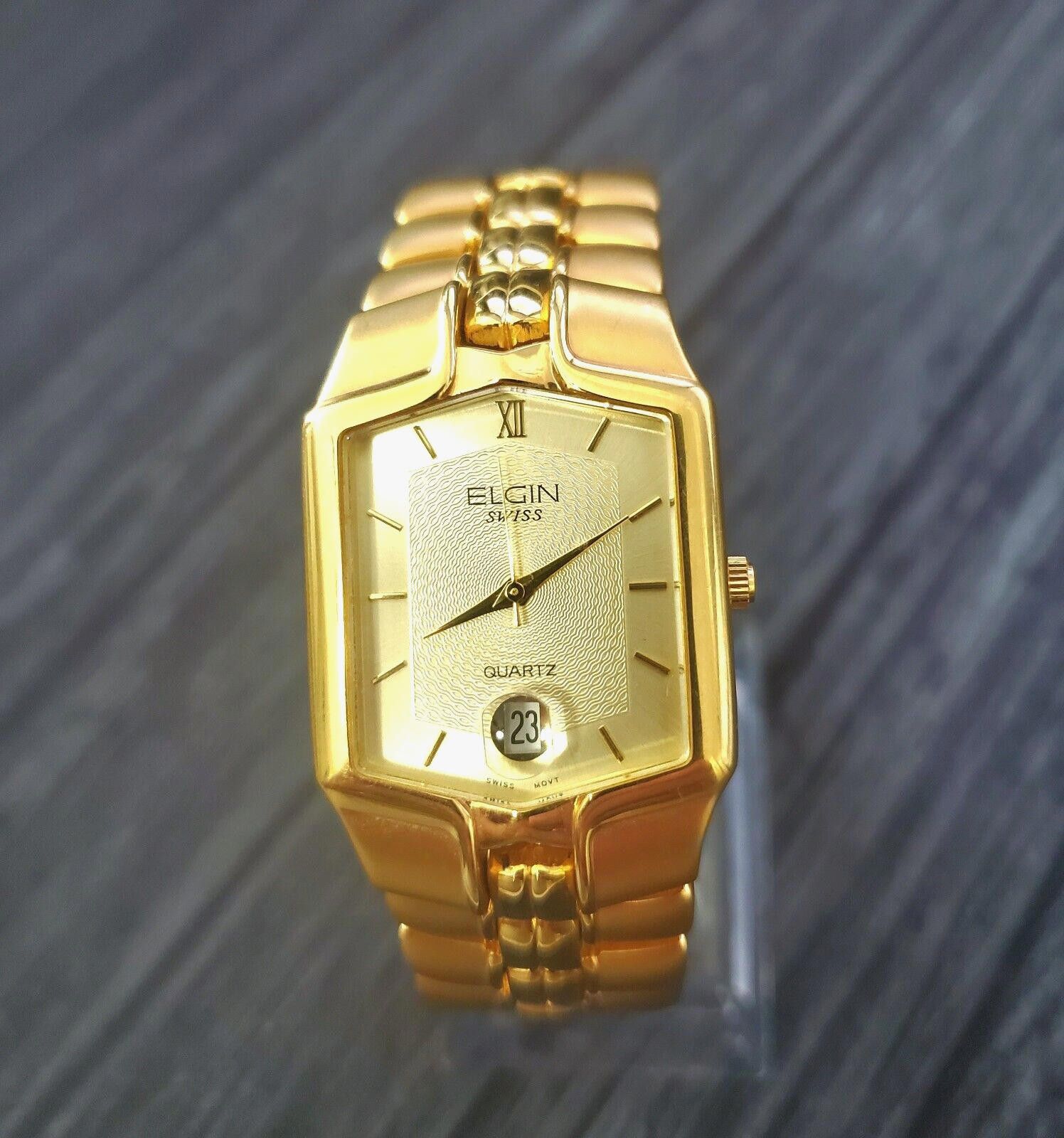 Designer Vintage Swiss Elgin Gold Men's Retro Tank Watch Box & Papers ...