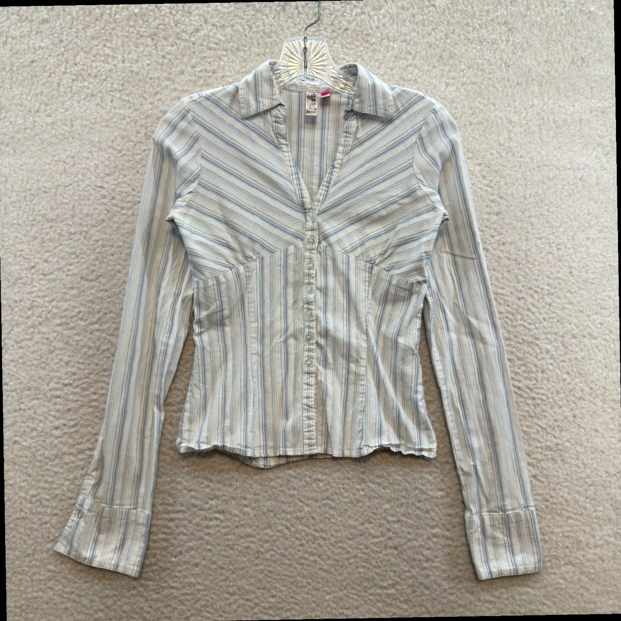 Vintage White and Blue Pinstripe Fang Button Up Office Blouse with a ...