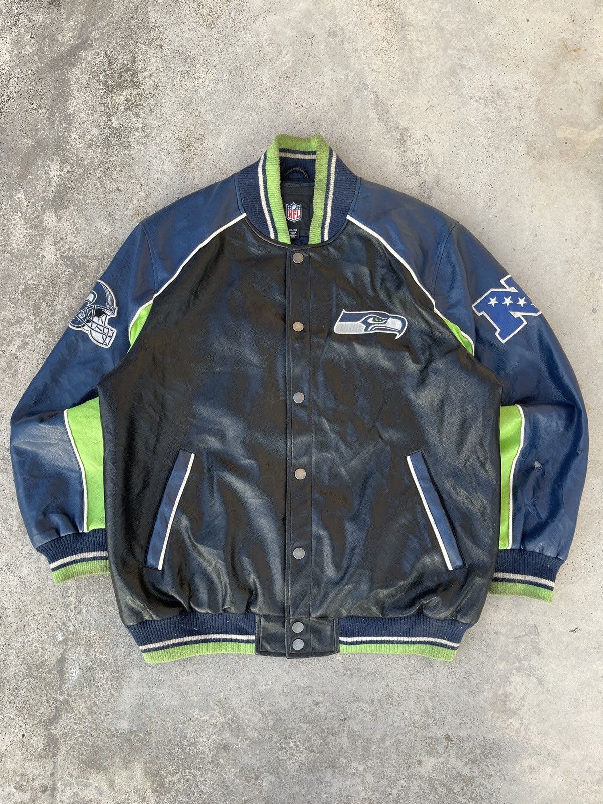 NFL × Varsity Jacket × Vintage Seattle Seahawks NFL Leather Man Varsity ...