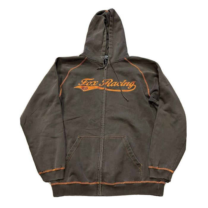 Fox Y2K FOX RACING ZIP UP HOODIE GRAY ORANGE CHAIN STITCH L MBX | Grailed