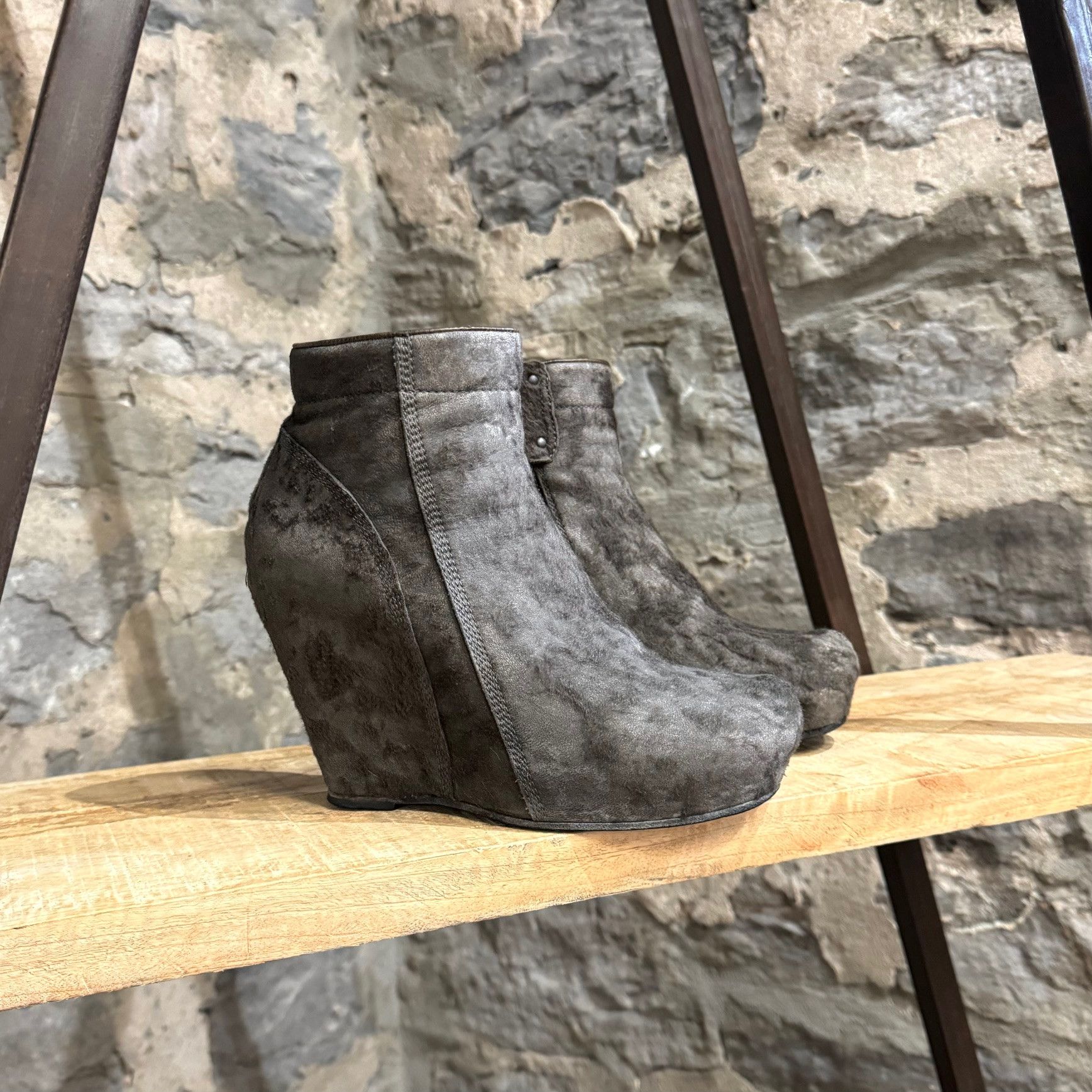 Rick Owens Rick Owens Distressed Shearling Fur Wedge Biker Boots | Grailed