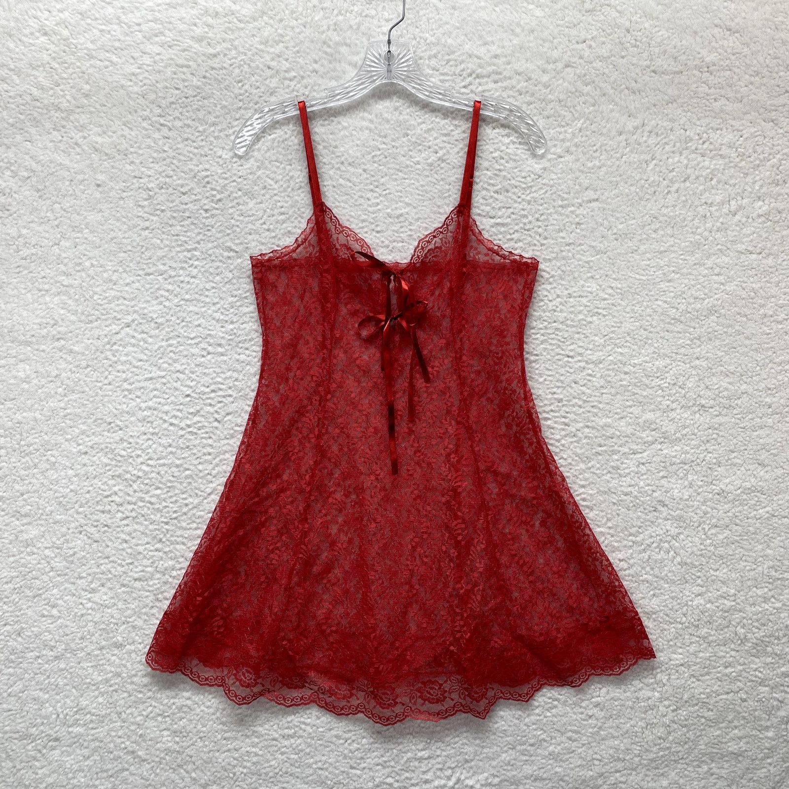 Vintage Red Chemise Mini Slip Dress Lingerie Womens M L 8 10 Sheer Lace ...
