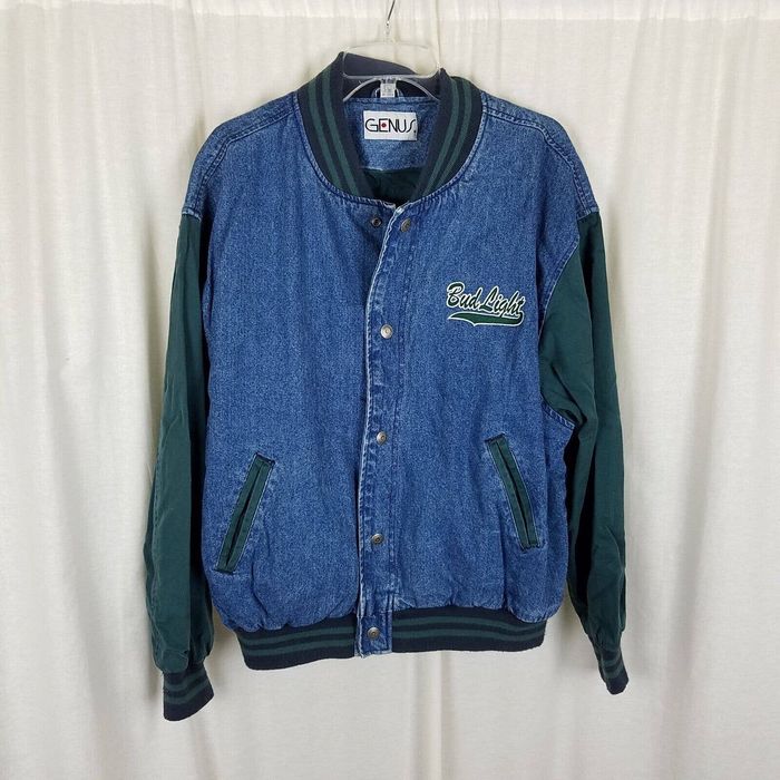Budweiser Bud Light Denim Canvas Jean Bomber Jacket L Vintage Beer ...
