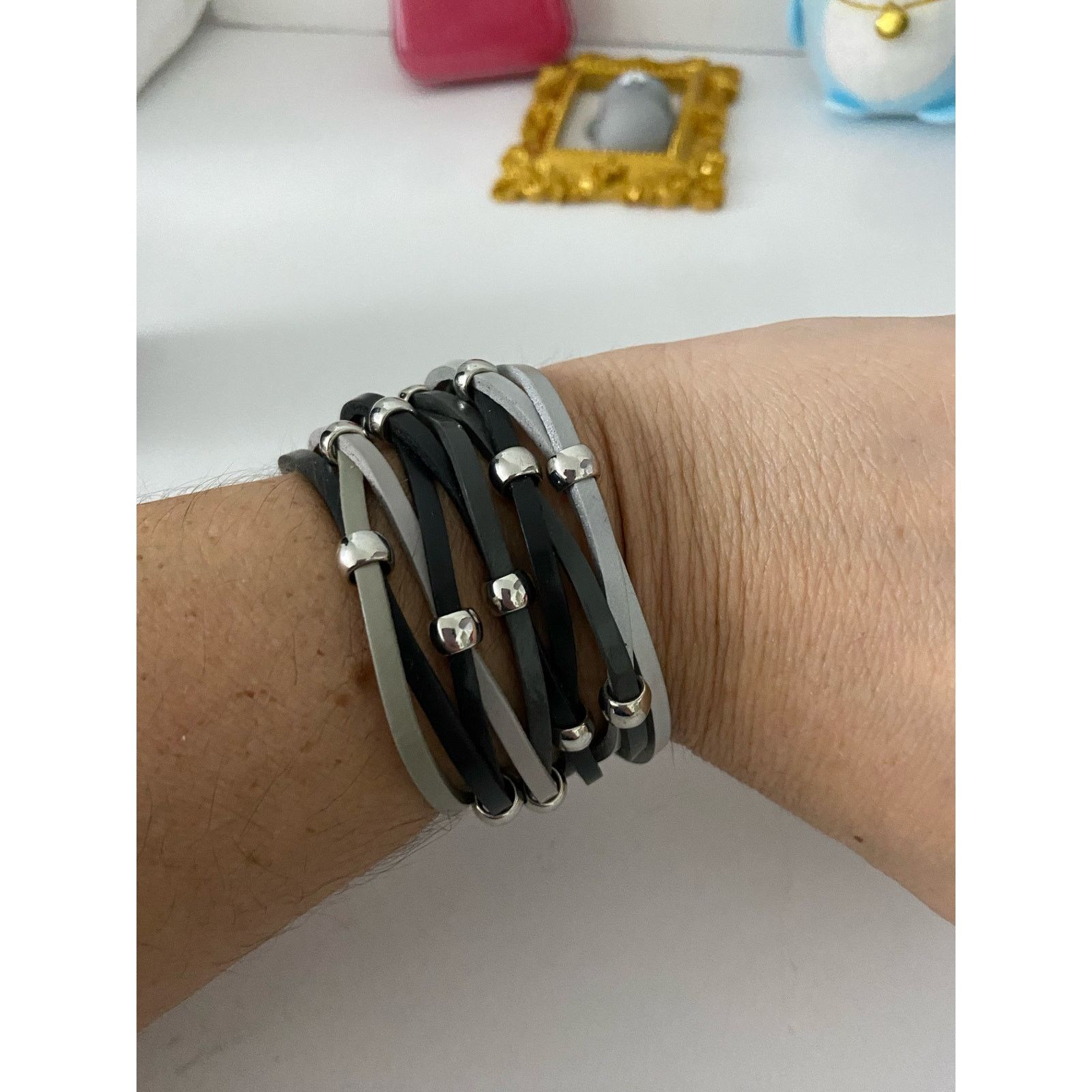 Generic Black and gray faux leather cuff bracelet | Grailed