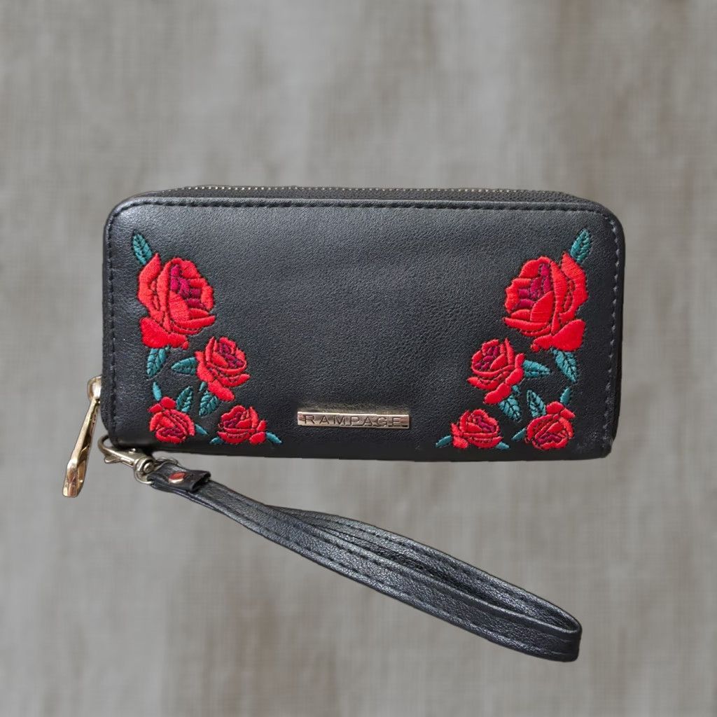 Vintage RAMPAGE Wallet Black Red Rose Floral Embroidered Zip-Around ...