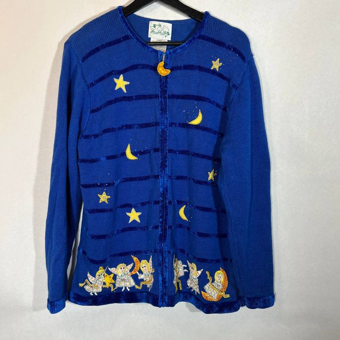Vintage Quacker Factory Sweater Large Blue Knit Cardigan Christmas ...