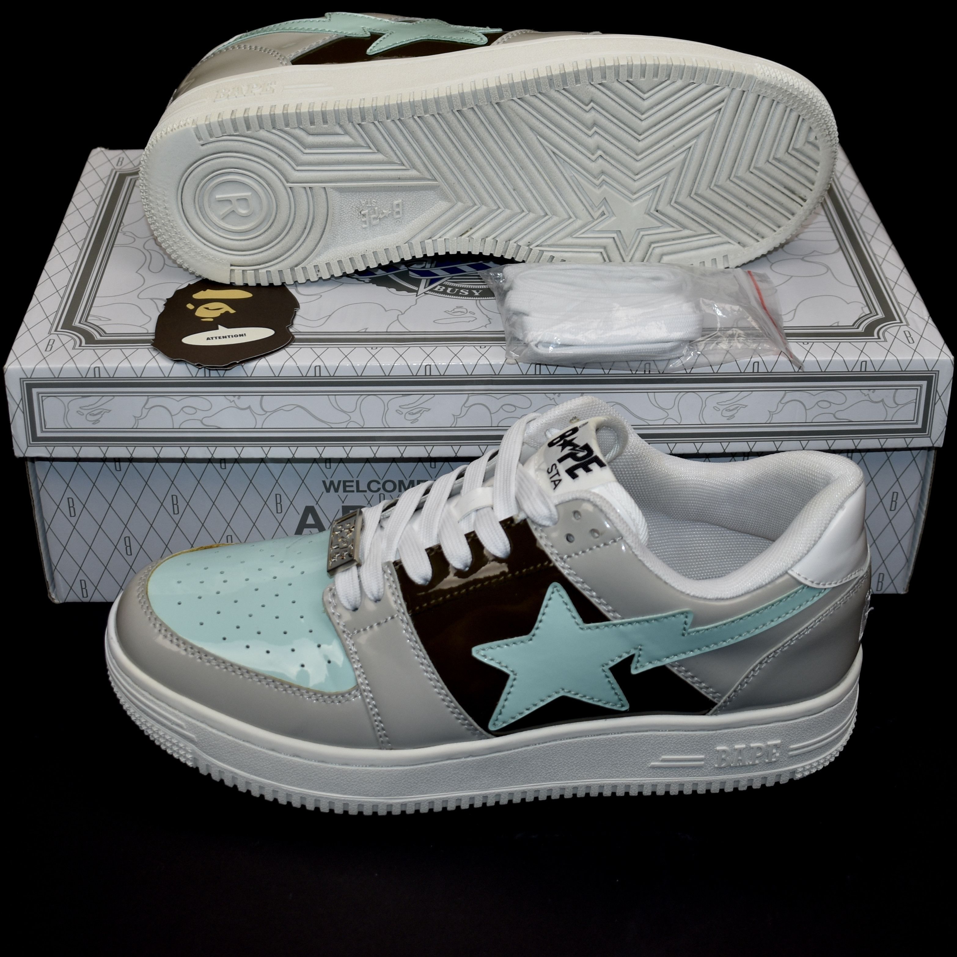 Bape Bapesta Low Patent Leather 'Tiffany' Blue/Gray/Brown 2019 | Grailed