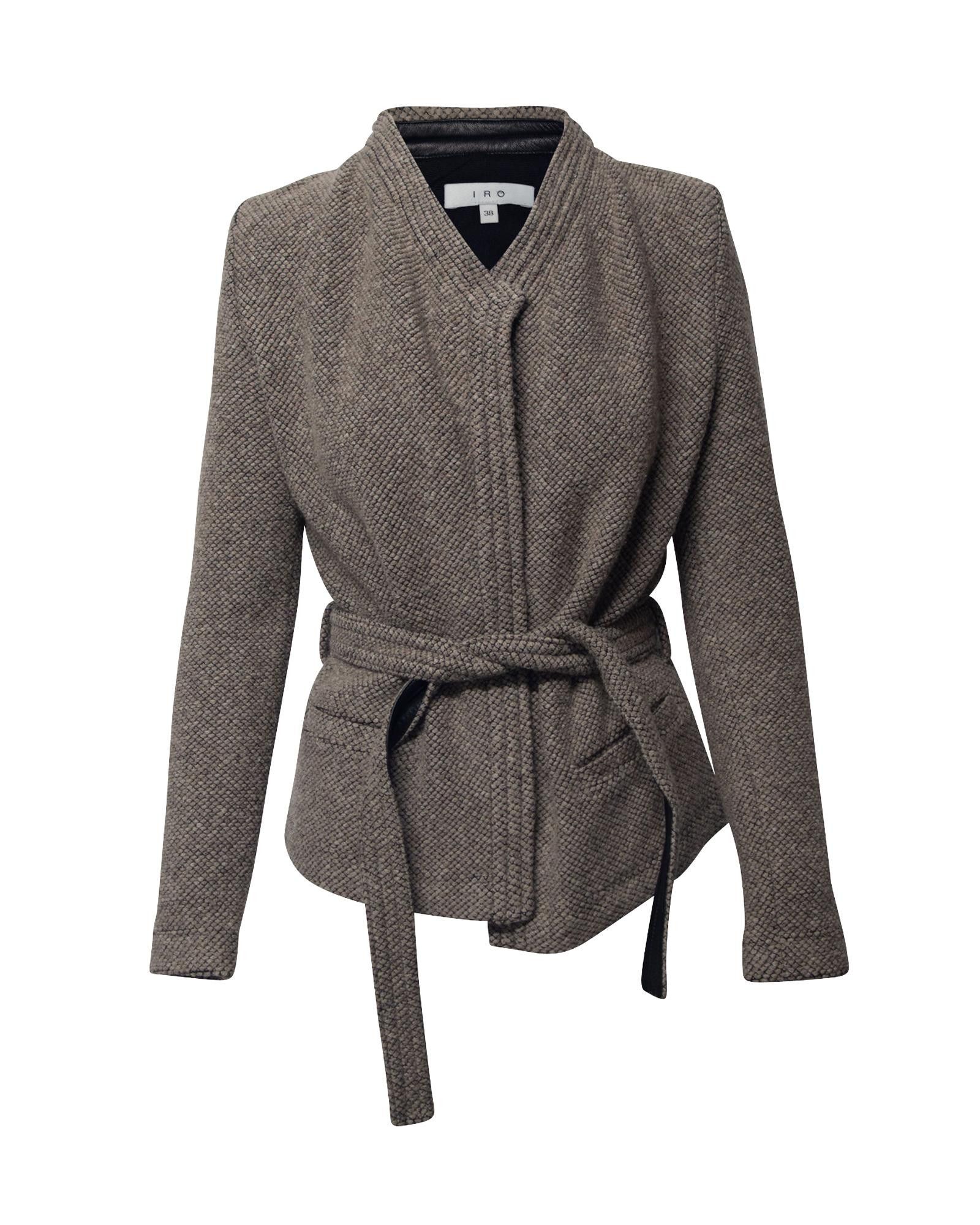 Iro Textured Grey Wool Wrap Jacket with Leather-Trimmed Lapels | Grailed