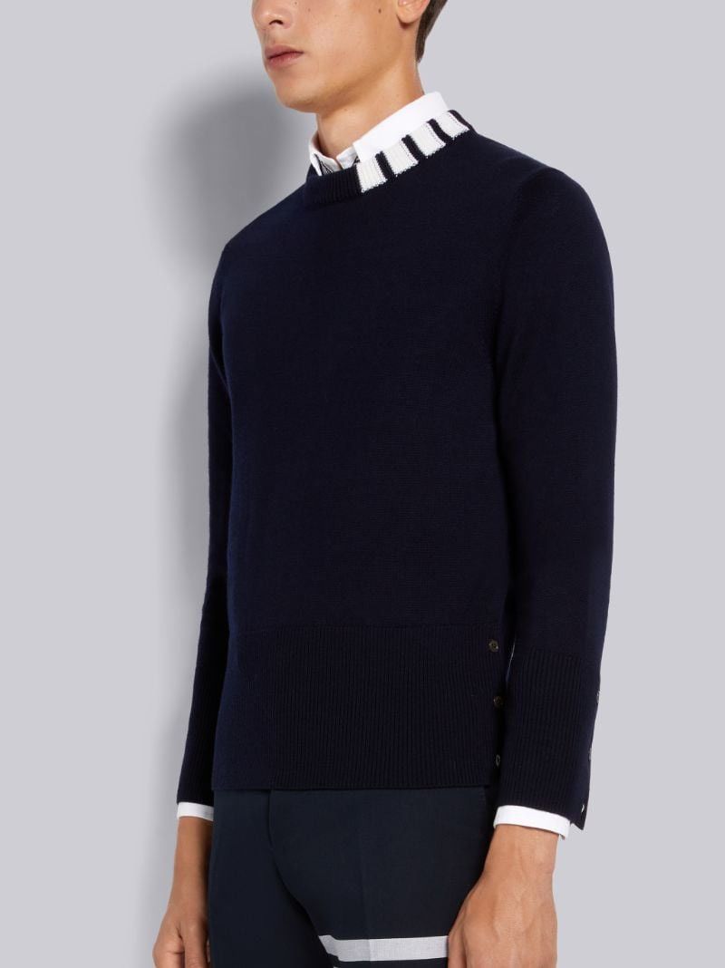 Thom Browne Navy Fine Merino Wool 4-Bar Collar Cree Neck Pullover | Grailed