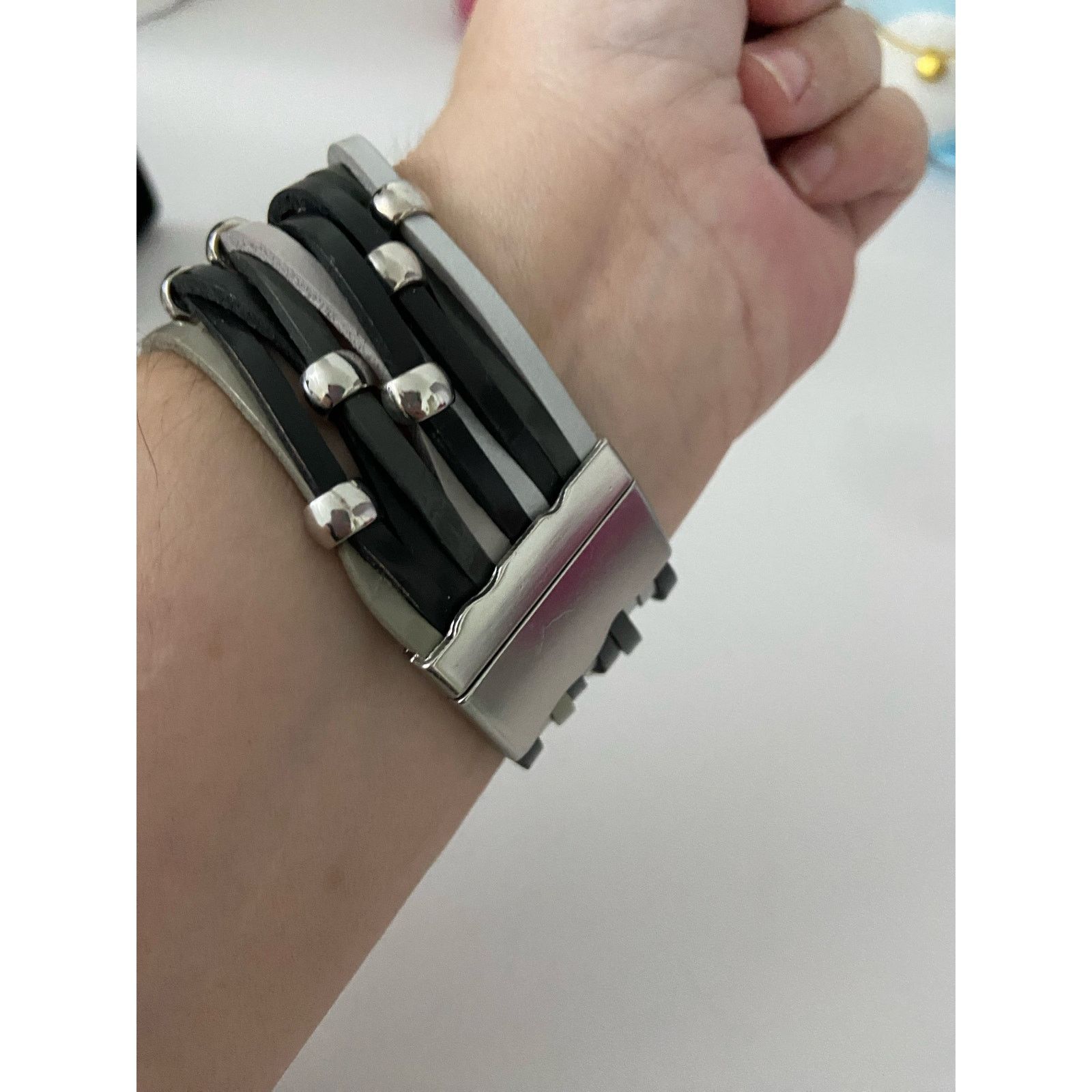 Generic Black and gray faux leather cuff bracelet | Grailed