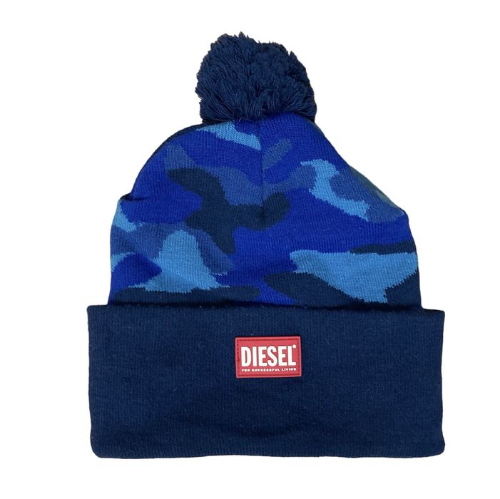 Diesel DIESEL beanie red logo with blue camo pattern and pompom | Grailed
