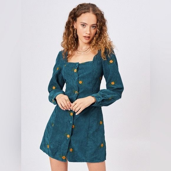 Cider Nwt Cider Blue Floral Print Corduroy Mini Dress Grailed