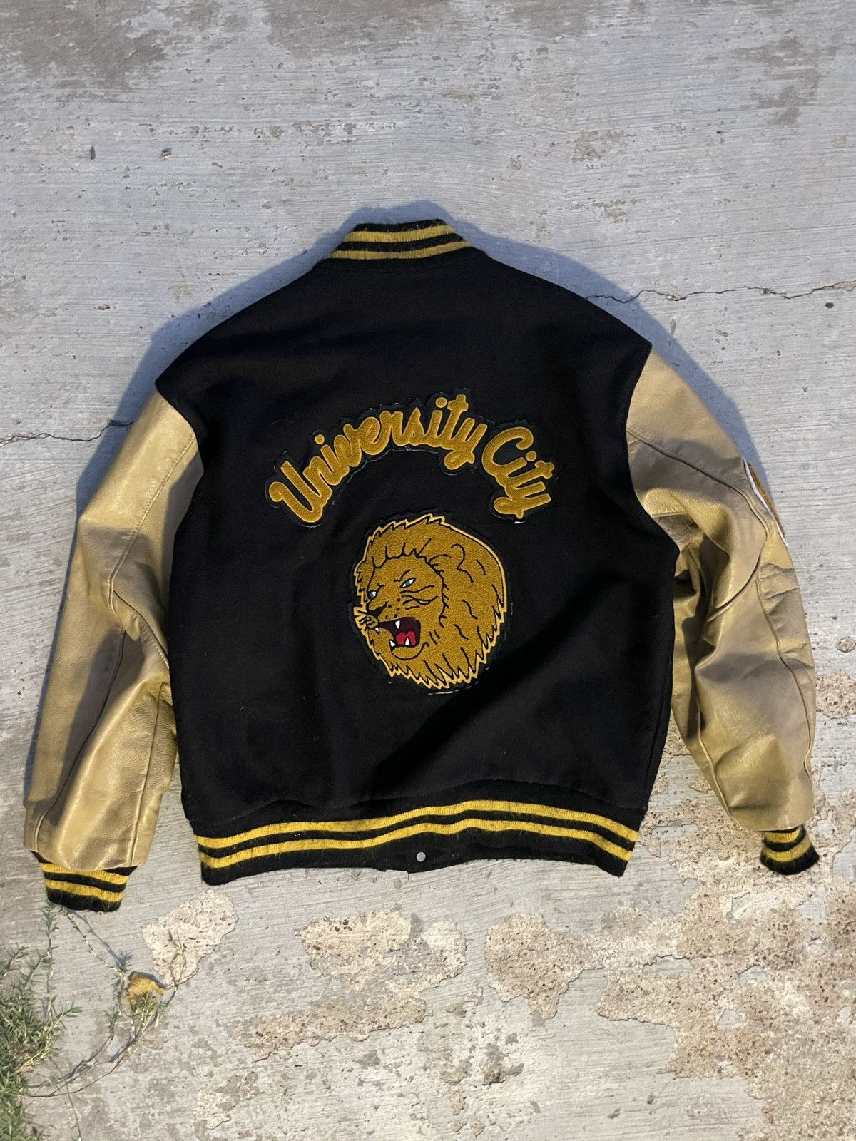 Leather Jacket × Varsity Jacket × Vintage Lion Patch 2000s Varsity ...
