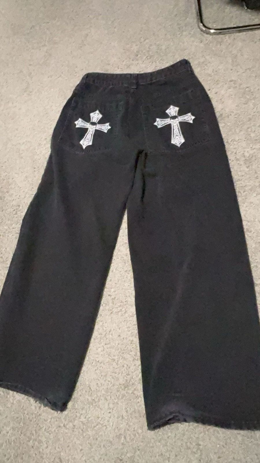 Streetwear Gloe black baggy jeans with white skull cross design | Grailed