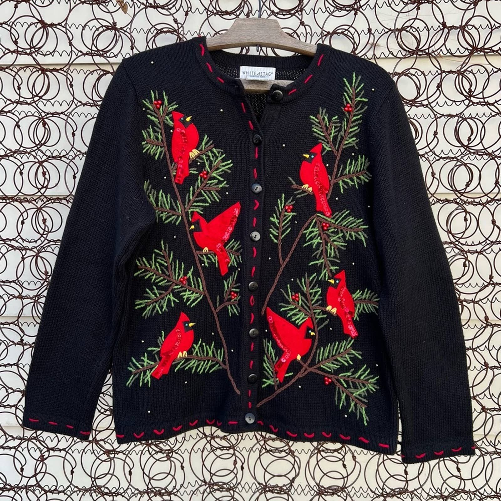 Vintage Christmas cardinal pine tree button front cardigan sweater ...