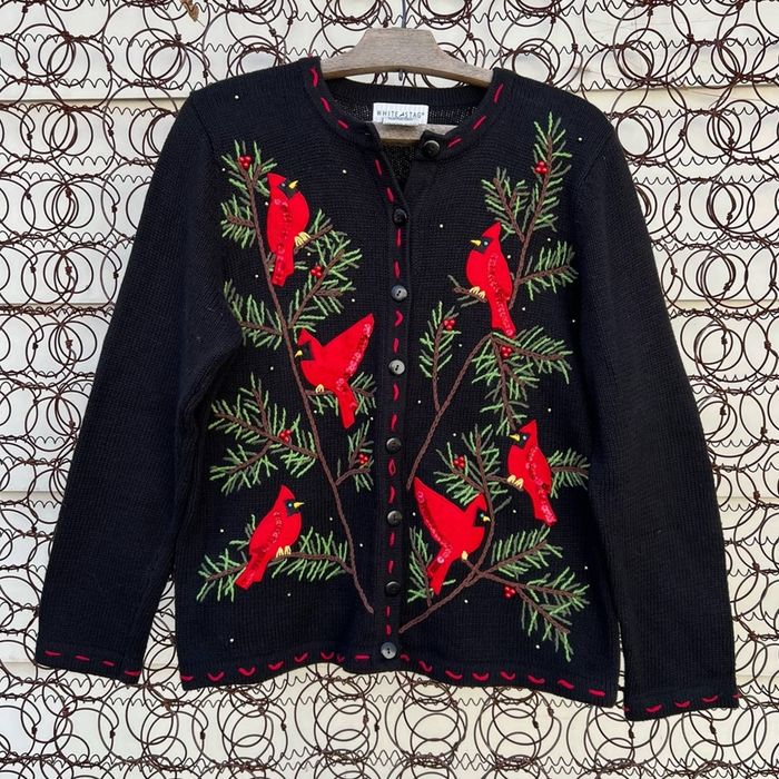 Vintage Christmas cardinal pine tree button front cardigan sweater ...