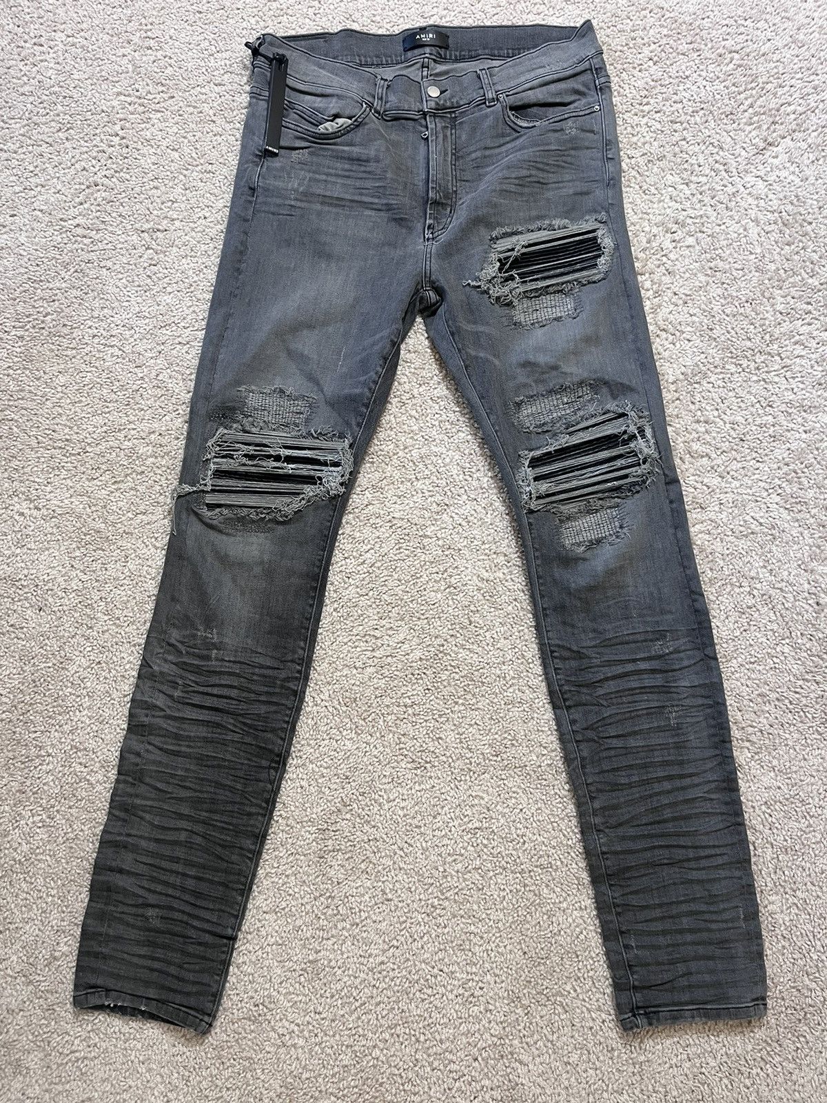 Amiri Amiri MX1 Black Leather Distressed Grey Denim Jeans | Grailed