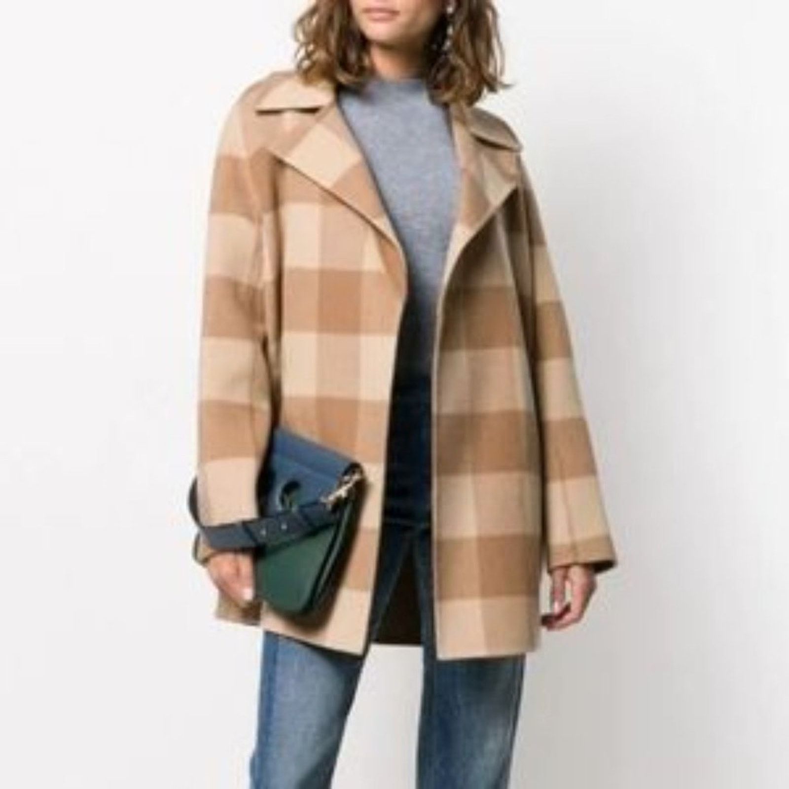 Theory Theory check overlay tan double face open wool coat medium | Grailed
