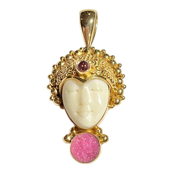 Vintage 18K Gold Sajen Face PENDANT 2” Amethyst Pink Druzy Gemstones ...