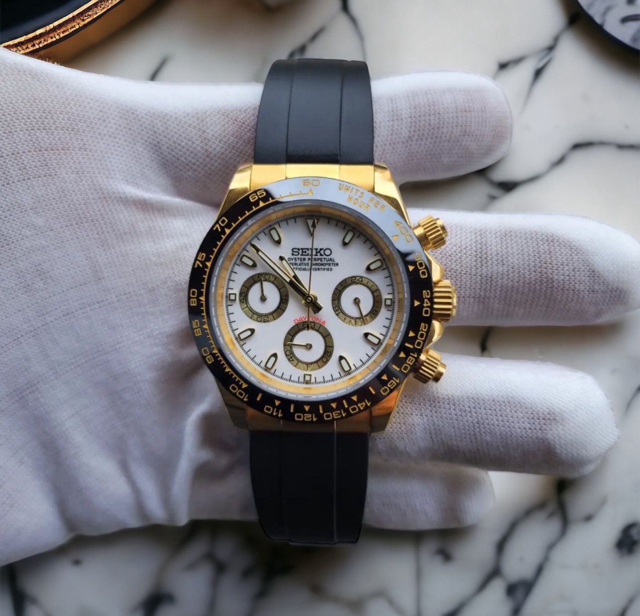 Seiko Seiko Mod Daytona Panda Dial Gold Oysterflex Luxury Watch | Grailed