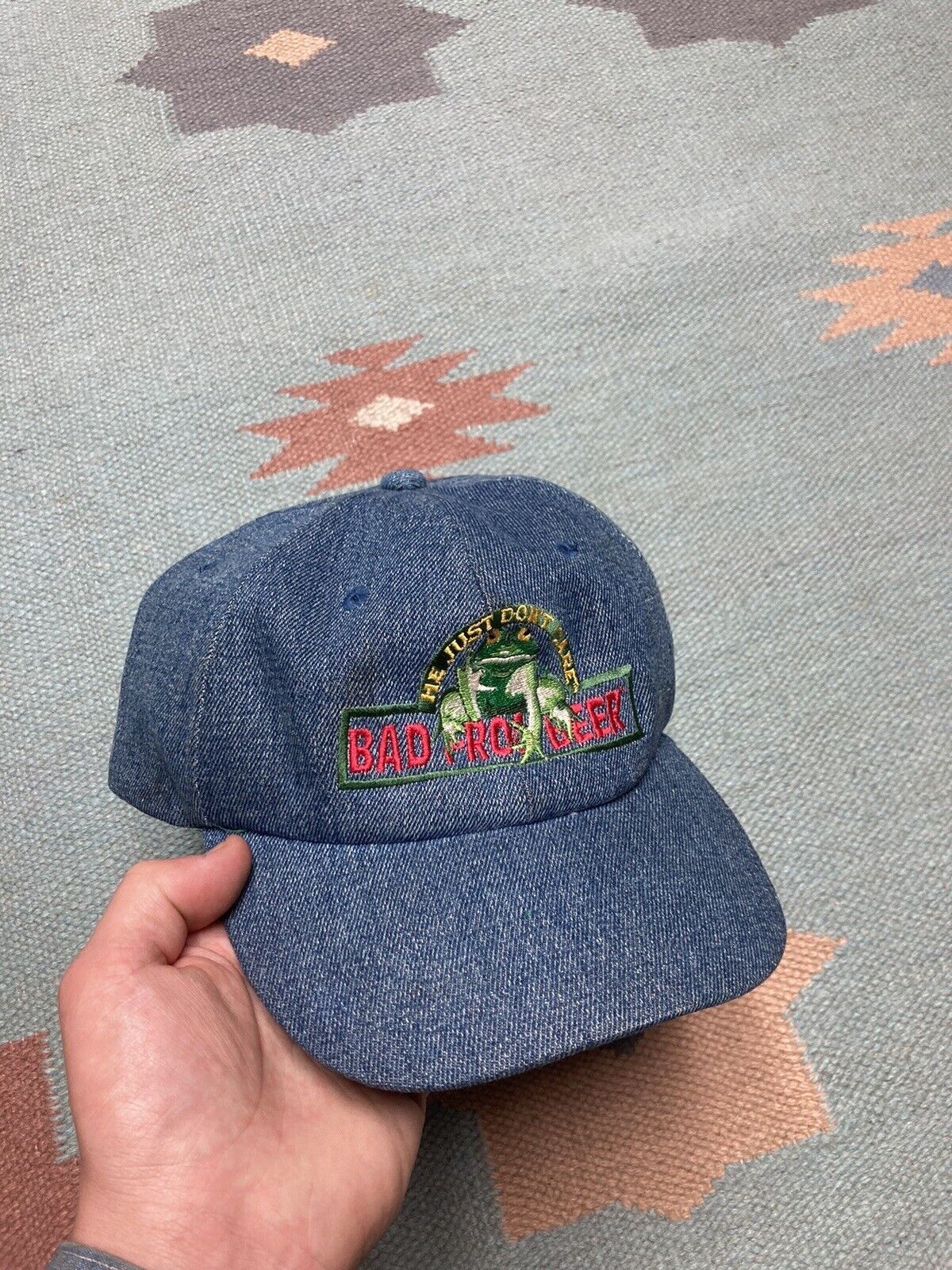 Vintage Vtg bad frog beer denim hat he just don’t care middle finger ...