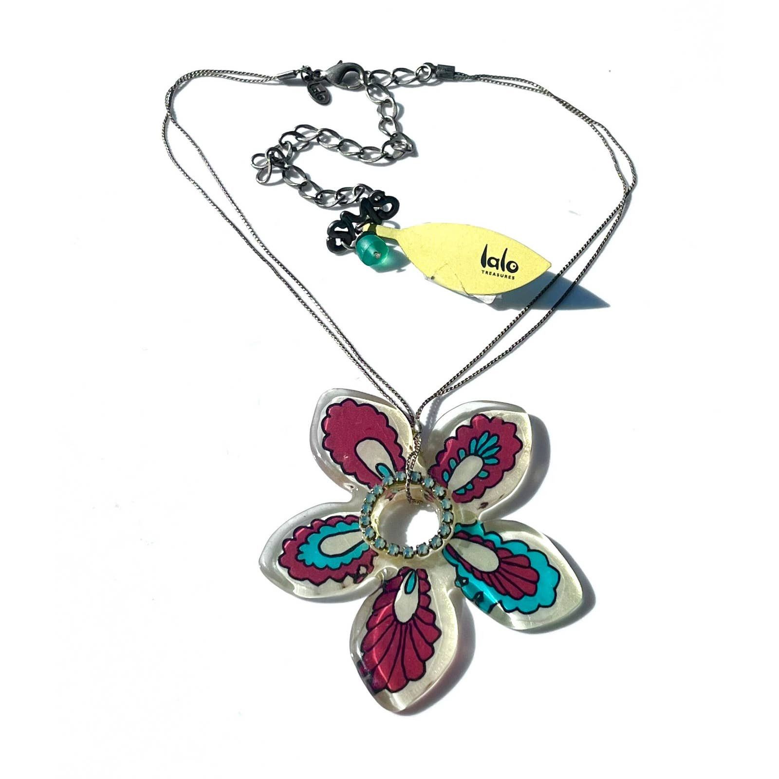 Vintage NEW Lalo Resin FLOWER NECKLACE Blue Stone Silver Chain 21 ...