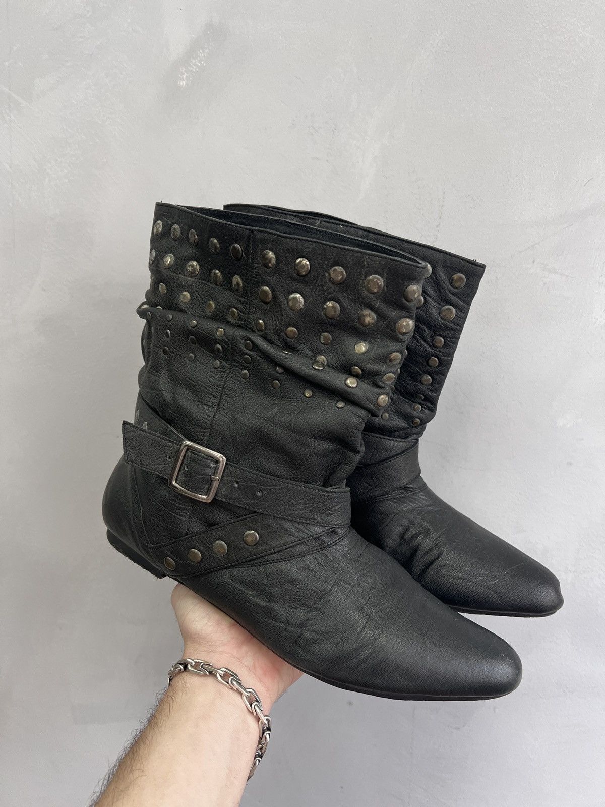 14th Addiction Vintage belted black leather ankle moto boots guidi ...