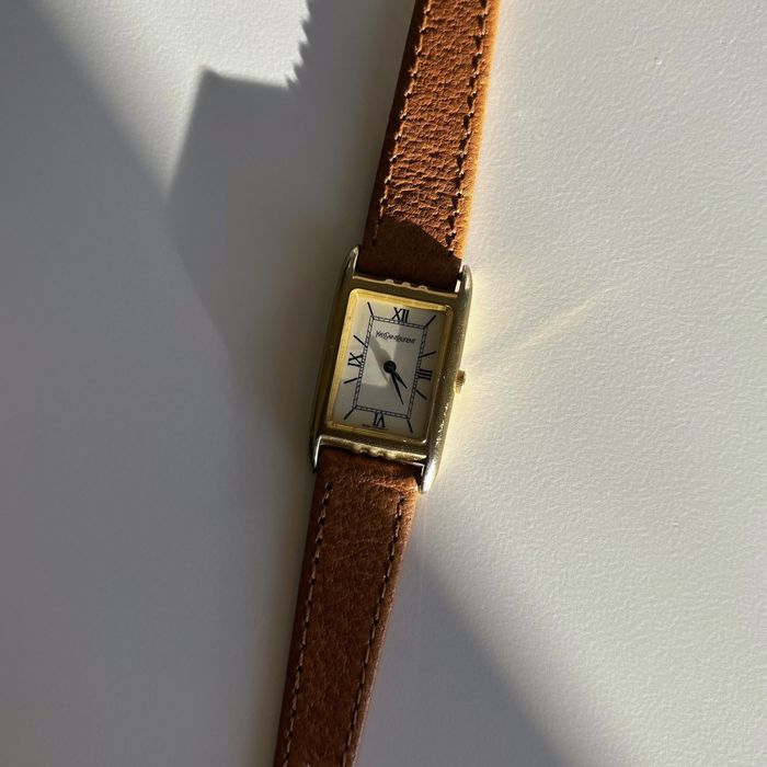 Yves Saint Laurent Yves Saint Laurent 80s Gold Tone Leather Rectangular ...