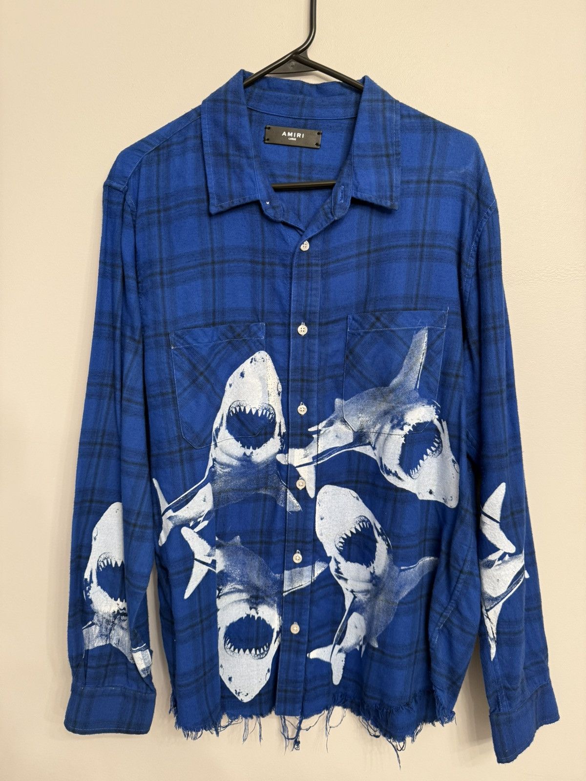 Amiri AMIRI Blue Shark Flannel Shirt Raw Hem Button Up Men's Large ...