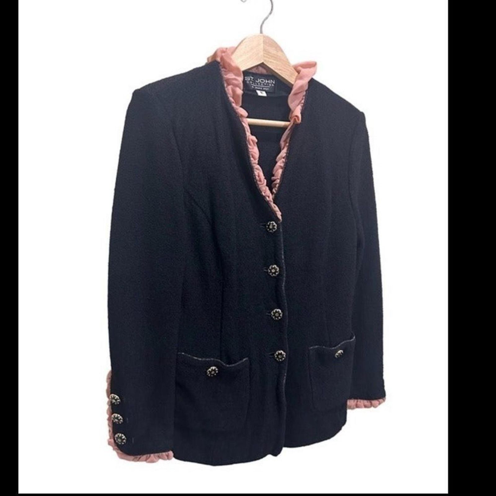 St. John Couture St John Chic Black Jacket with Ruffled Pink Skirt Suit ...