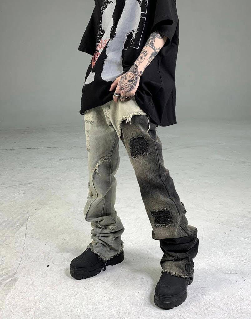 Rare Patchwork Stacked Denim Jeans | Grailed