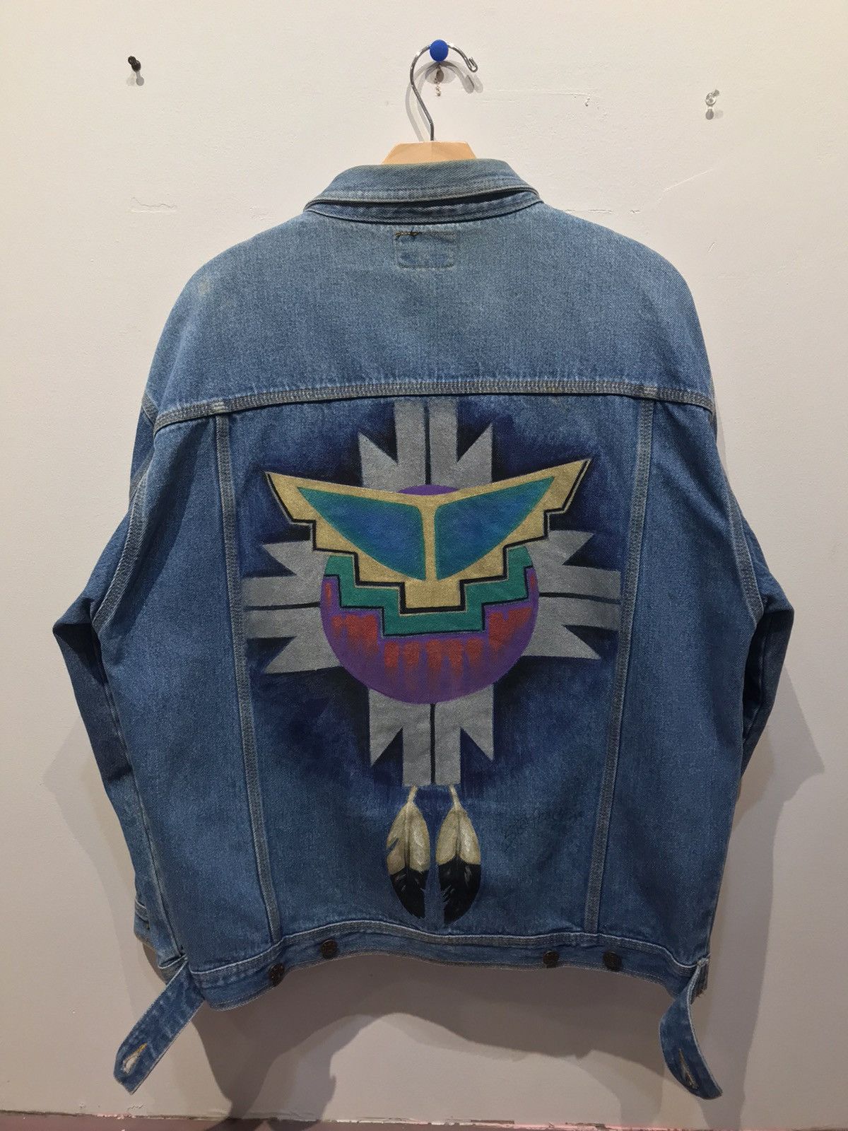 Vintage 90s vintage retro native tribal art distressed denim jacket ...