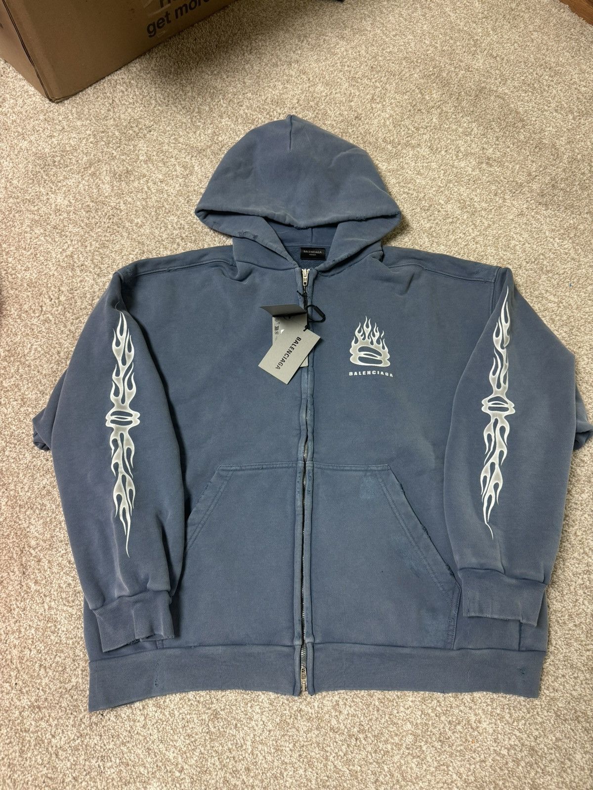 Balenciaga MEN'S BURNING UNITY ZIP-UP HOODIE MEDIUM FIT IN LIGHT BLUE ...