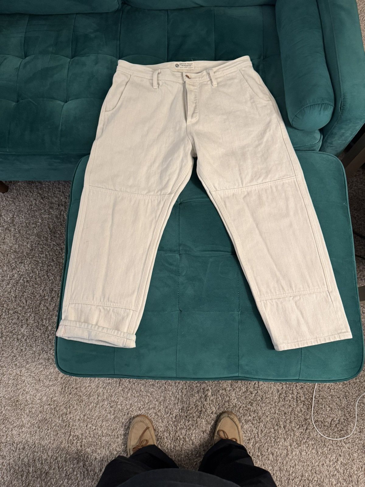 Grease Point Workwear Greasepoint Workwear Selvedge Work Trousers-Ivory ...