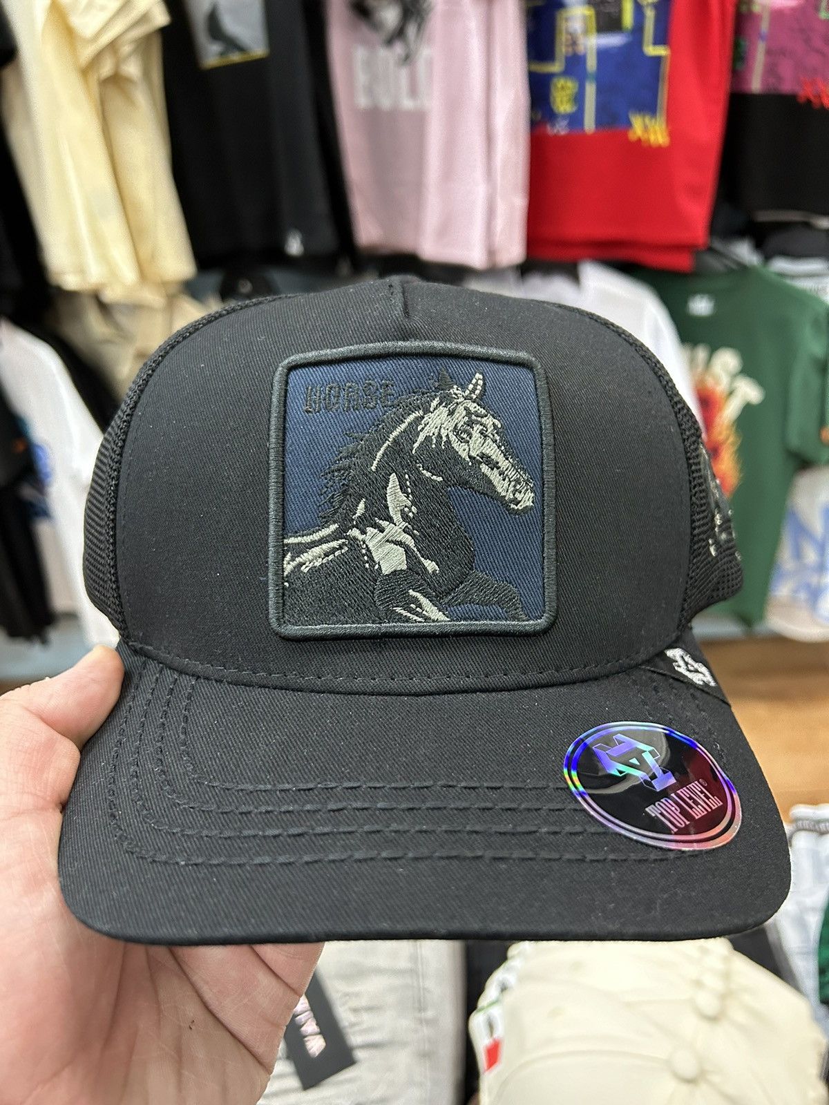 Streetwear × Vintage Horse Black Blue Patch Adjustable Mesh Back Hat ...
