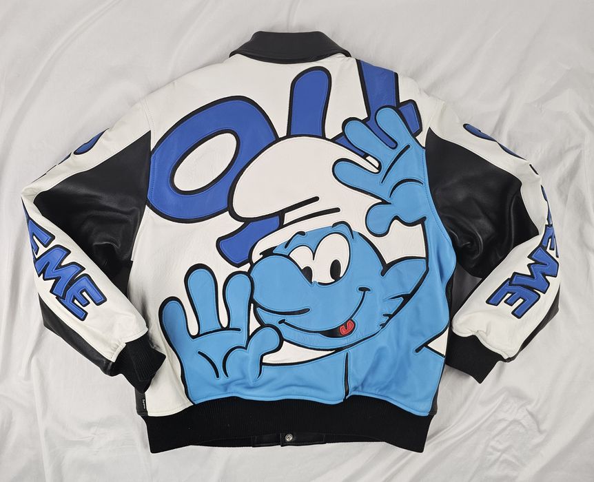 Supreme SUPREME SMURFS LEATHER VARSITY JACKET | Grailed