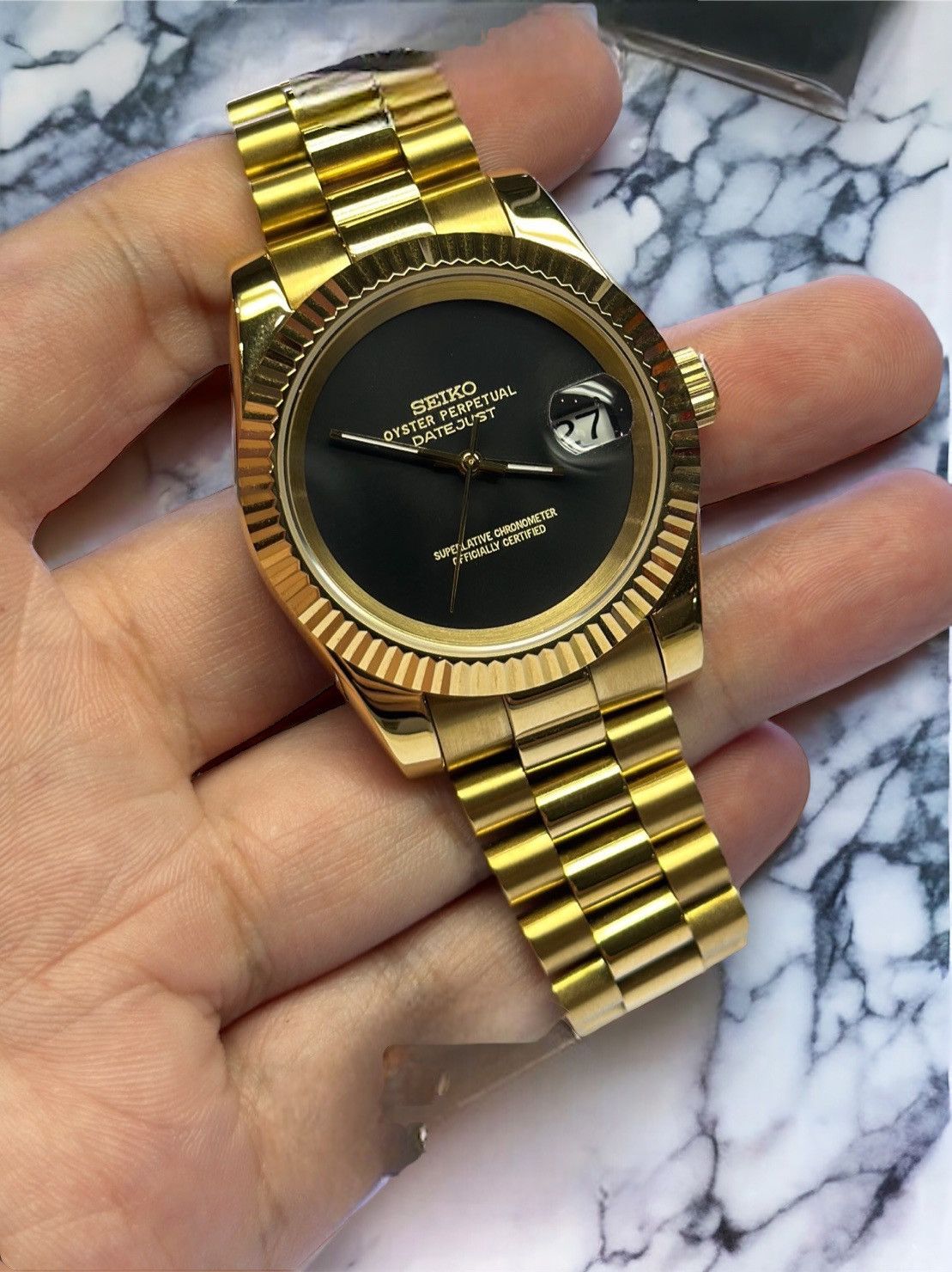Seiko Seiko Mod Datejust Onyx Dial Black Gold Presidential Watch | Grailed