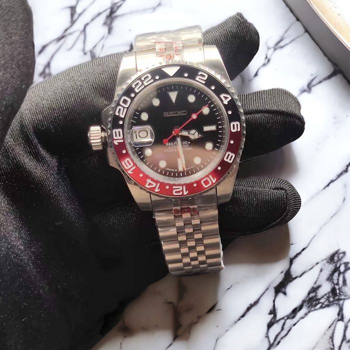 Seiko Seiko Mod GMT-Master 2 Coke Black Dial Jubilee Steel Watch | Grailed