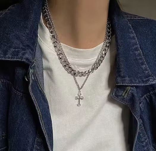 Jewelry × Streetwear × Vintage Chrome Silver Cross Goth God Cuban Link ...