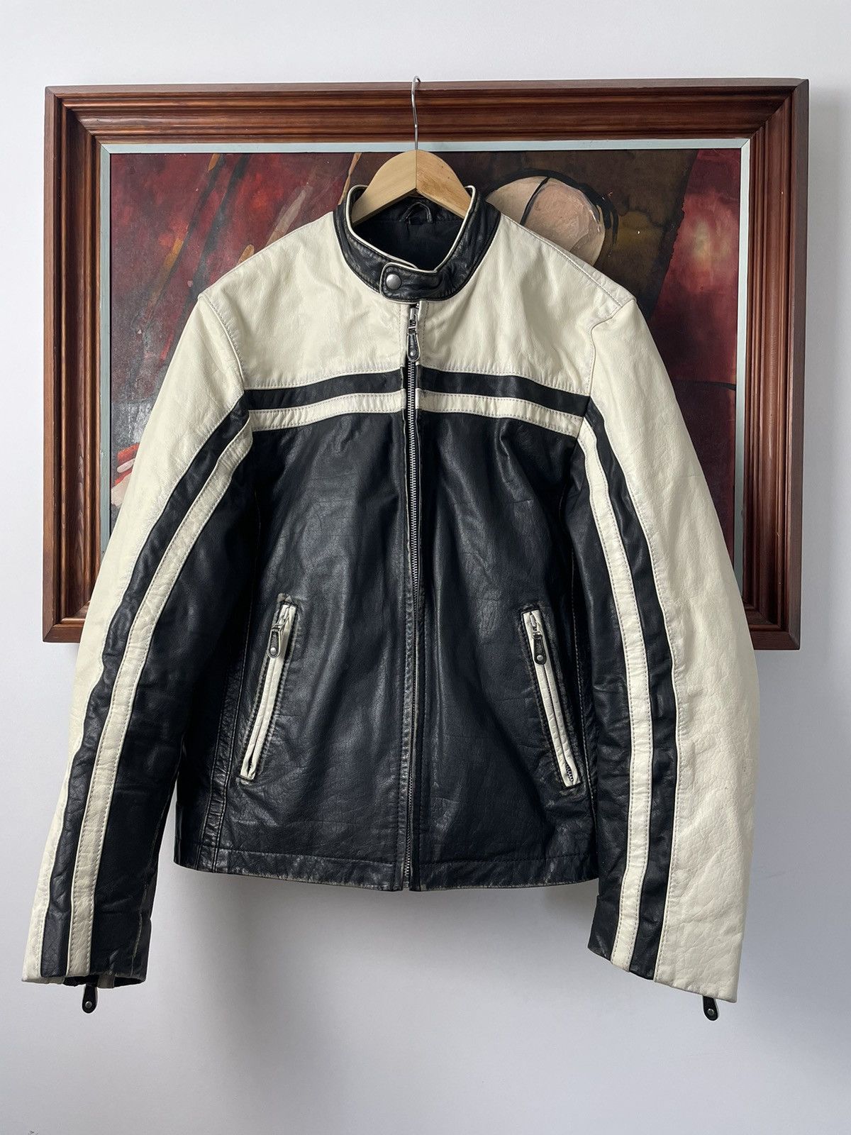 Vintage Vintage Leather Racing Jacket Black White Distressed Hype | Grailed