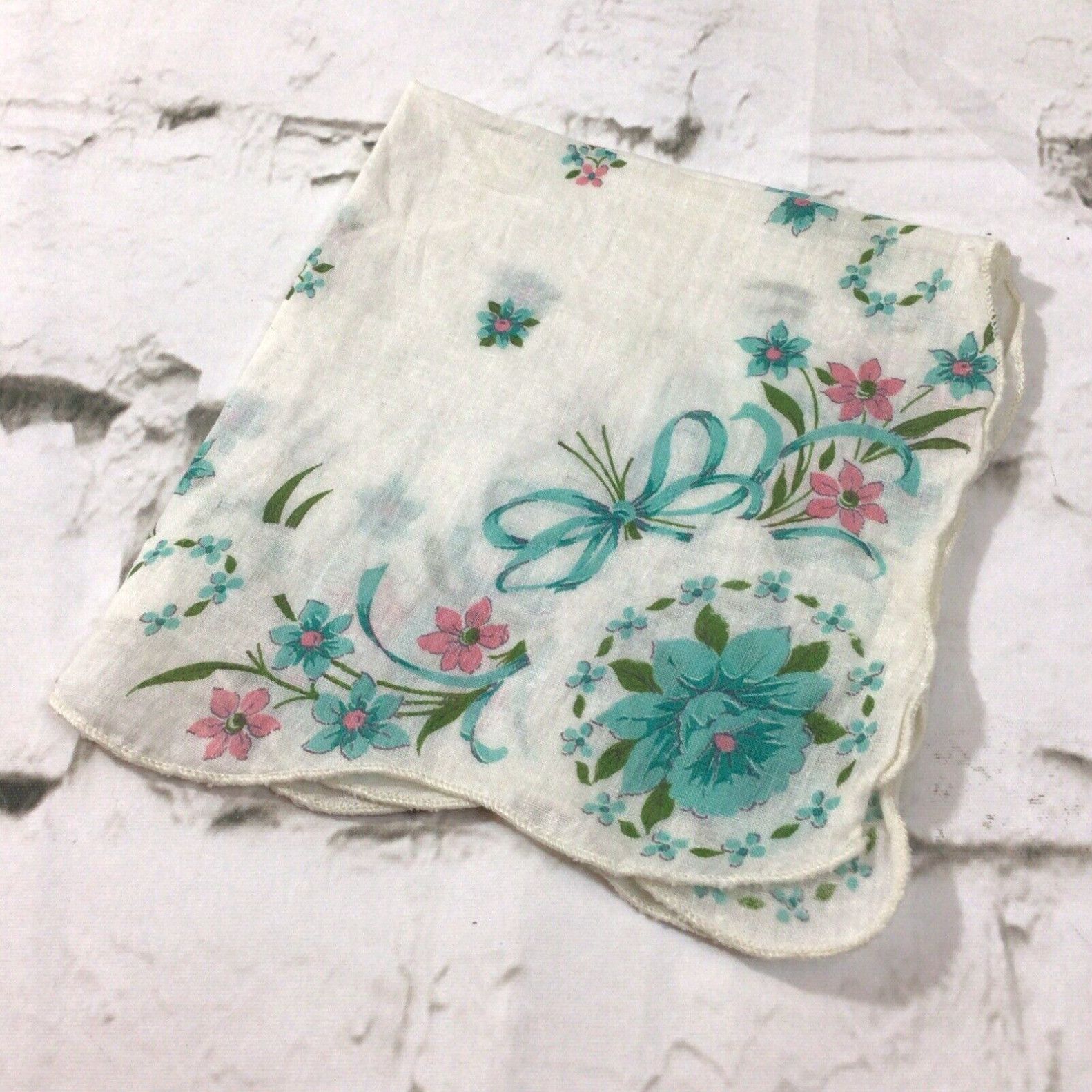 Vintage Vintage Handkerchief Floral Print Teal Pink White Rectangular ...