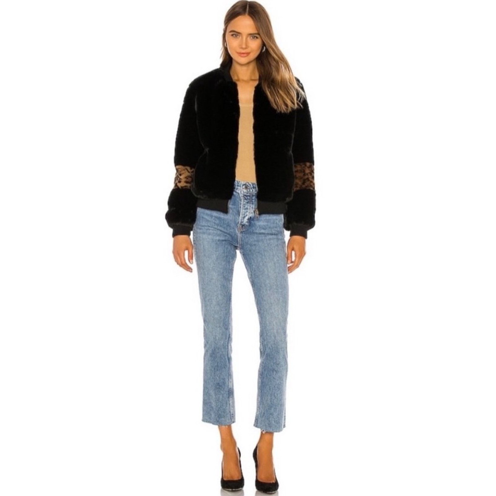 APPARIS APPARIS Jem Faux Fur Bomber Jacket in Black & Plush Leopard ...