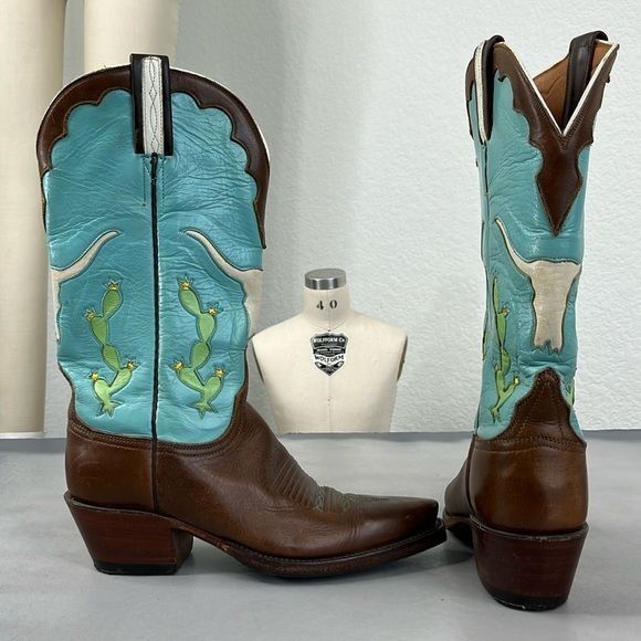 Lucchese Vtg Lucchese Western Boots Inlay Cut Out Longhorn Cactus Too ...